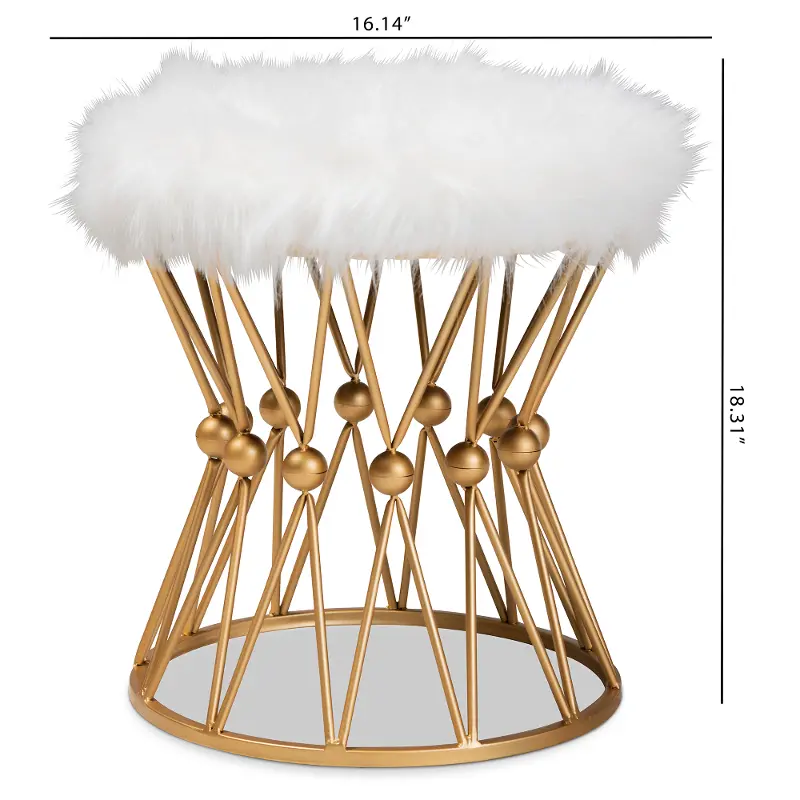 Glam White Faux Fur Upholstered Ottoman with Gold Metal Base | RC Willey