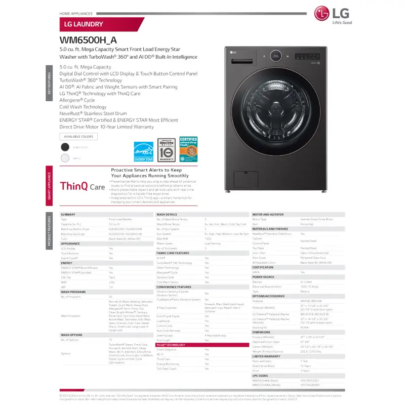 LG Front Load Washer WM6500HBA | RC Willey