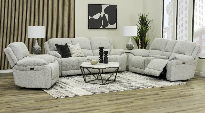 Sahara Nickle Light Gray Power Reclining Loveseat with Console | RC Willey